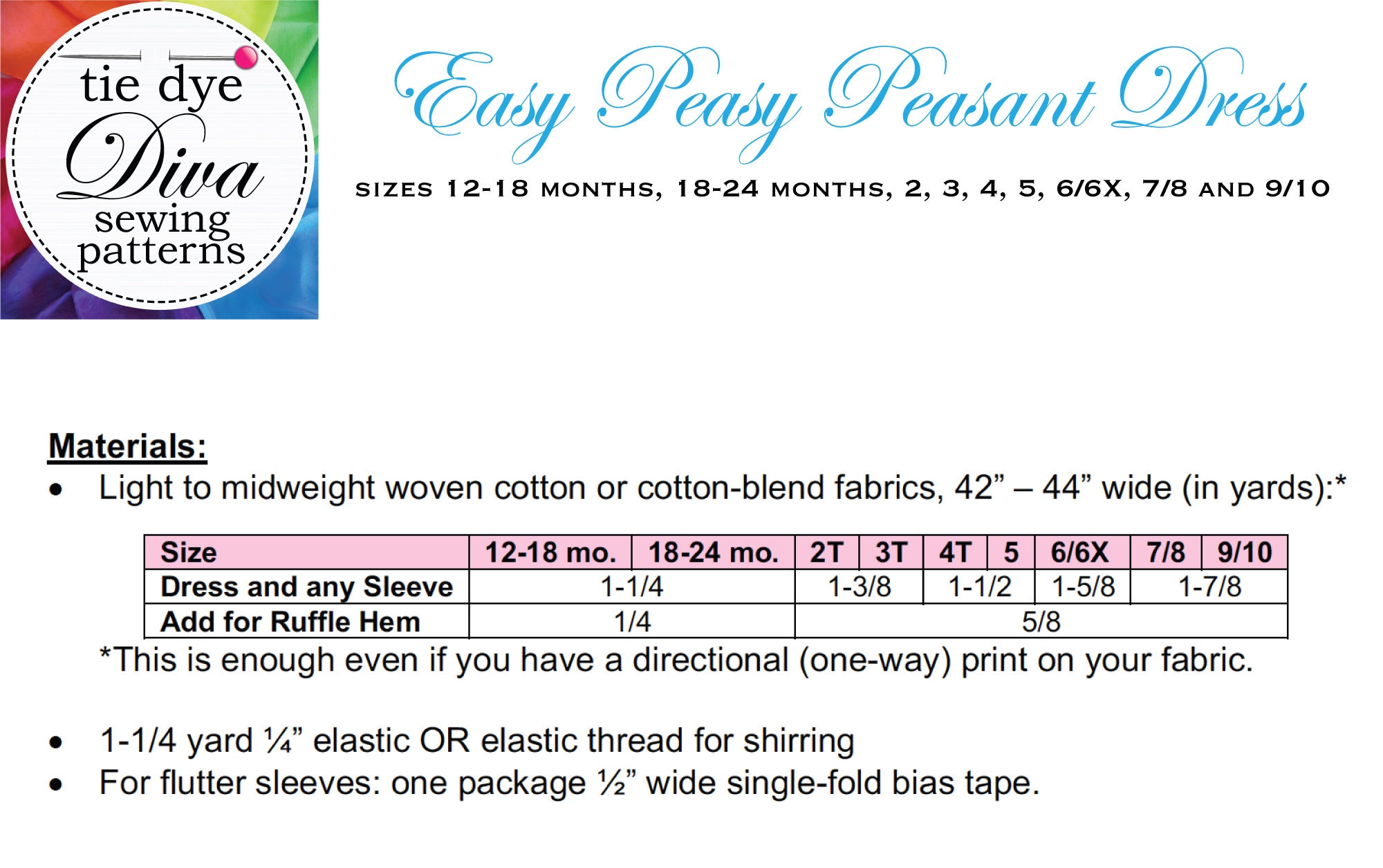 Easy Peasy Peasant Dress Sewing Pattern, Girls Sizes 1-10 (PDF Pattern ...