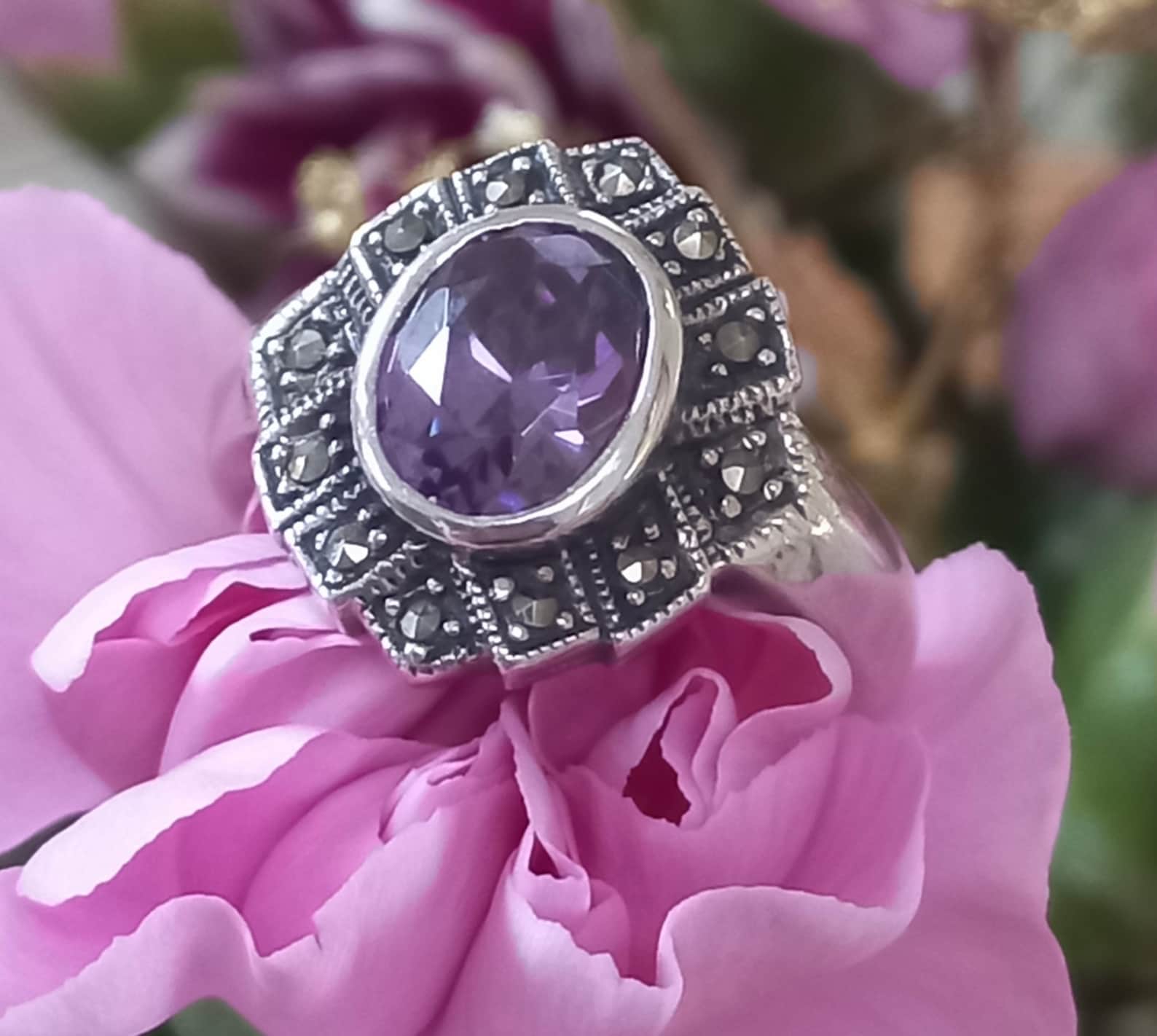 Art Deco Sterling Silver Marcasite and Amethyst Ring, Silver Marcasite ...