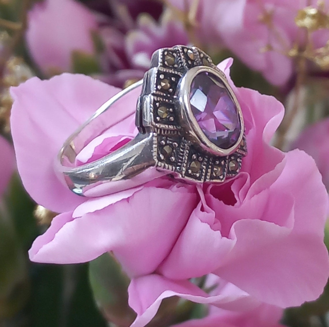 Art Deco Sterling Silver Marcasite and Amethyst Ring, Silver Marcasite ...