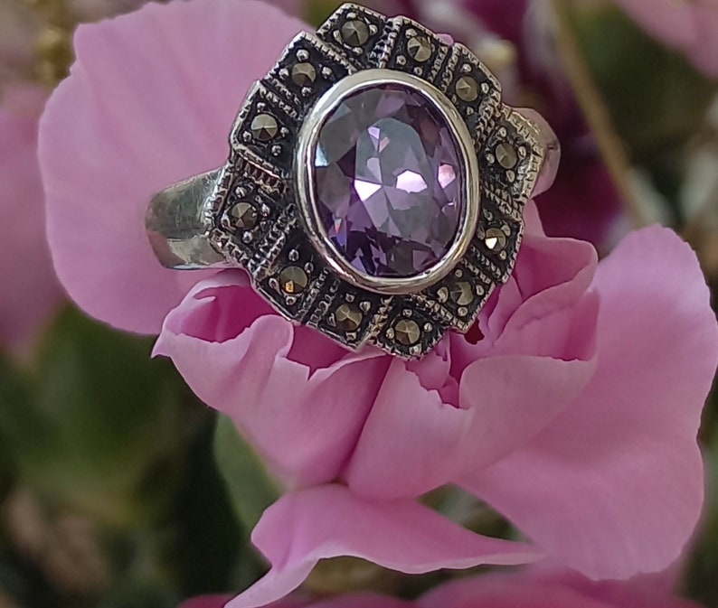 Art Deco Sterling Silver Marcasite and Amethyst Ring, Silver Marcasite ...
