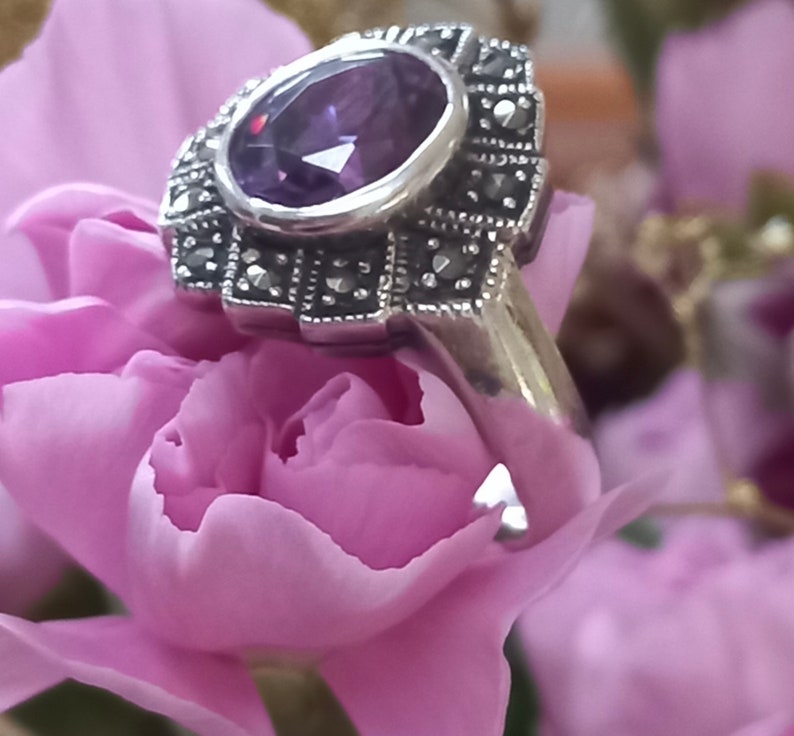 Art Deco Sterling Silver Marcasite and Amethyst Ring, Silver Marcasite ...