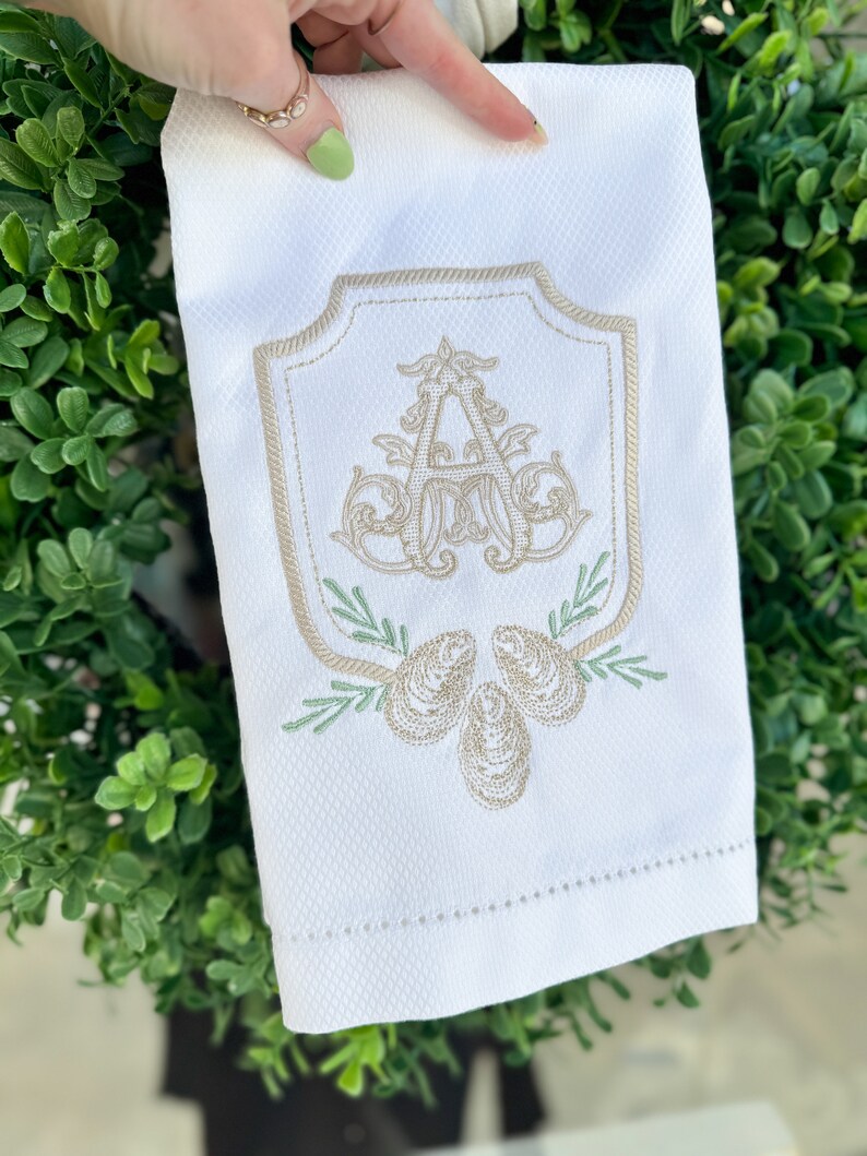 Custom Oyster Crest Monogram Pique Hand Towel - Etsy