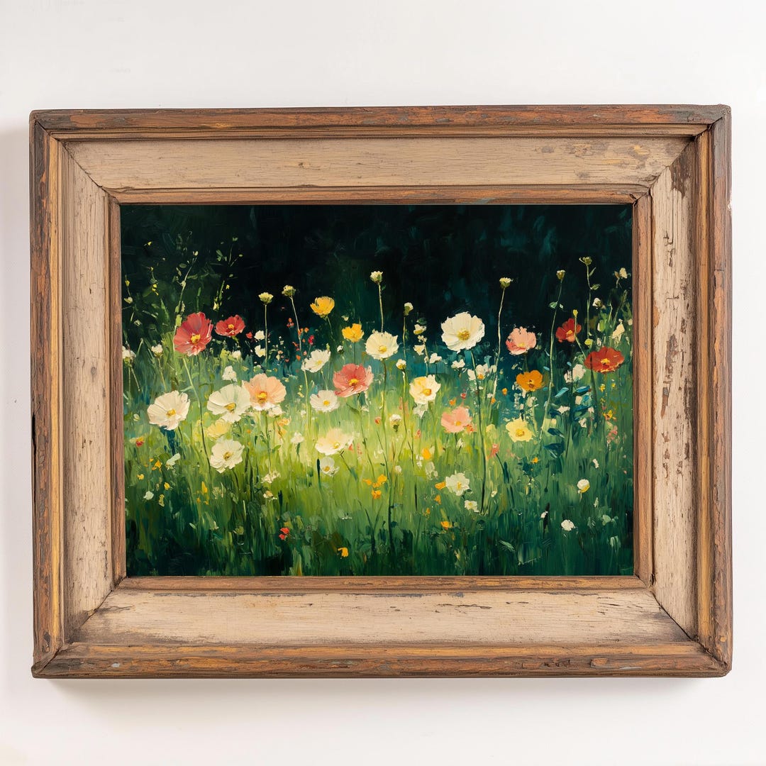 Dark Cottagecore Wildflower Field Oil Painting: Emerald Green Landscape ...