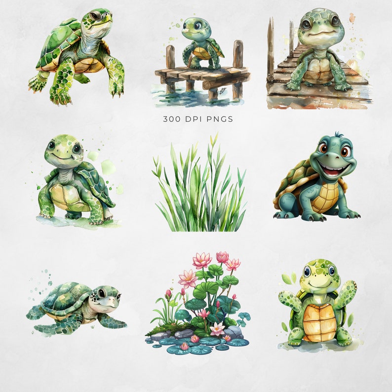 Whimsical, Watercolor, Turtles, Ocean Creatures, Clipart, Beach Theme ...