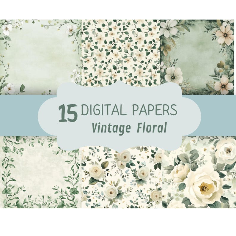 Sage Green Floral, Digital Paper, Pack 15 Pages, 12 X 12, 300 Dpi ...