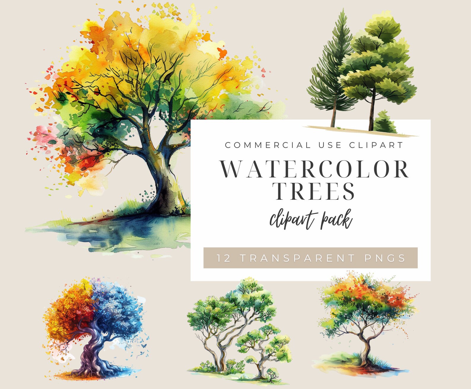 Whimsical Watercolor Trees Clip Art Collection for Nature-inspired ...