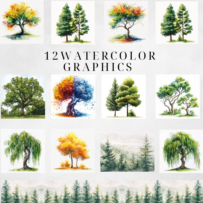 Whimsical Watercolor Trees Clip Art Collection for Nature-inspired ...