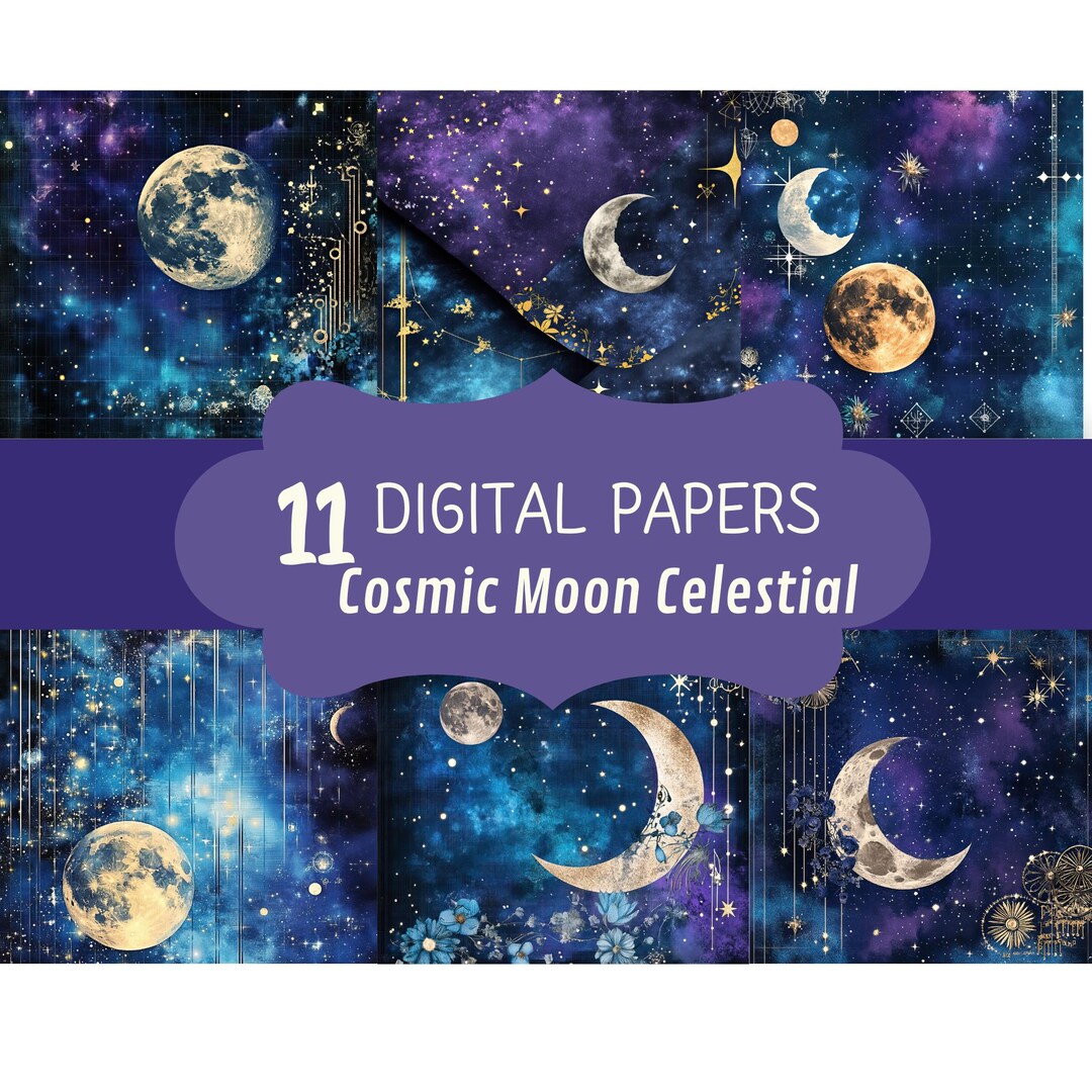 Cosmic Moon, Celestial, Digital Paper, Pack 11 Pages, 12 X 12, 300 Dpi ...