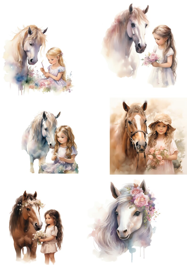 Watercolor, Girls and Horses, Flowers, Pngs, 300 Dpi, Scrapbooking ...