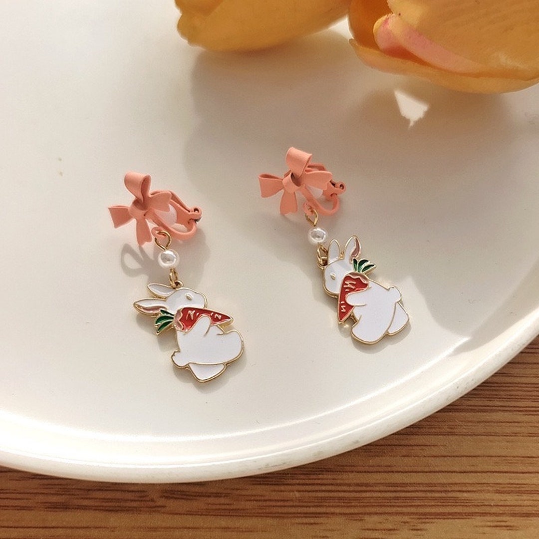 Pink Bow Bunny Earring, Cute Kawaii Korean Style Jewelry, Adorable ...