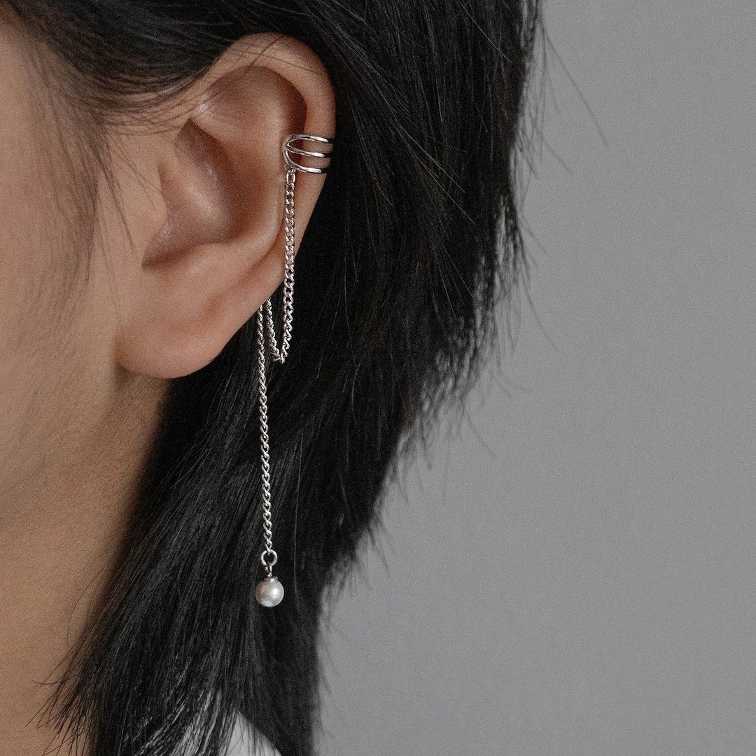 Silver Chain Ear Cuff With Pearl- 925 Plated Kawaii Earrings, No ...