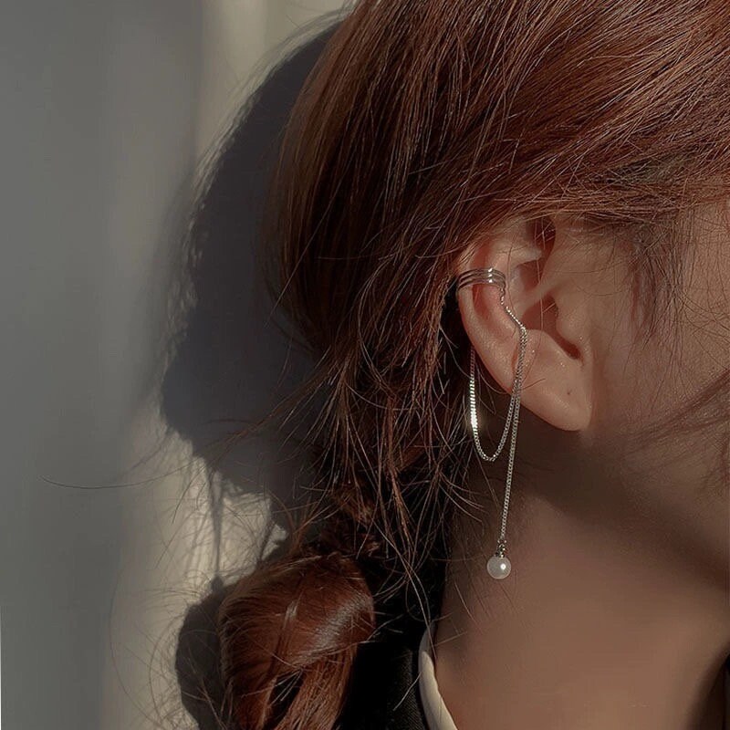 Silver Chain Ear Cuff With Pearl 925 Plated Kawaii Earrings, No Piercing Helix Accessory ...