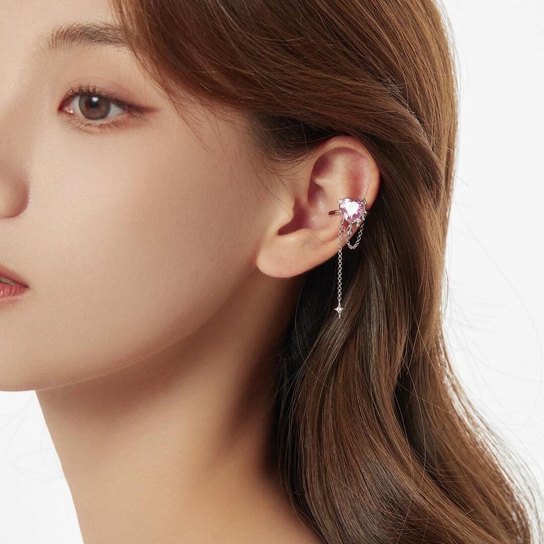 Elf Style Pink Heart Dangling Ear Cuff, Charming Mismatch Design, Ideal ...
