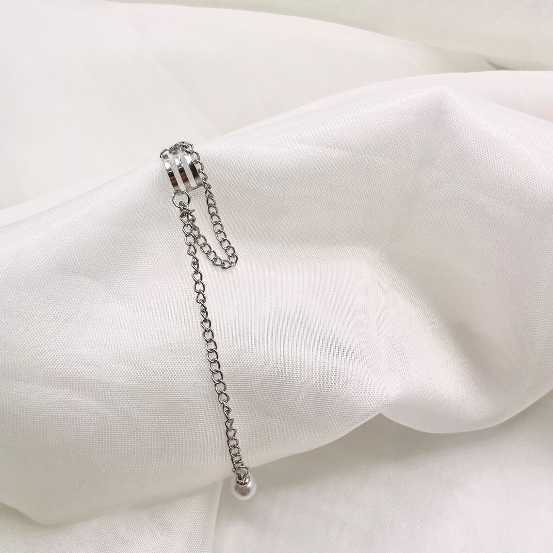 Silver Chain Ear Cuff With Pearl 925 Plated Kawaii Earrings, No Piercing Helix Accessory ...