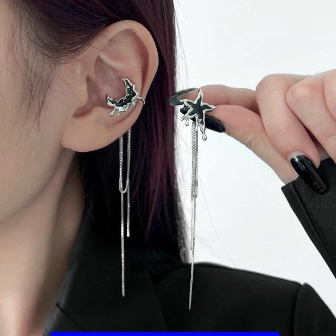 Celestial Star and Moon Ear Cuff, Unique Gothic Drop Ear Jewelry ...