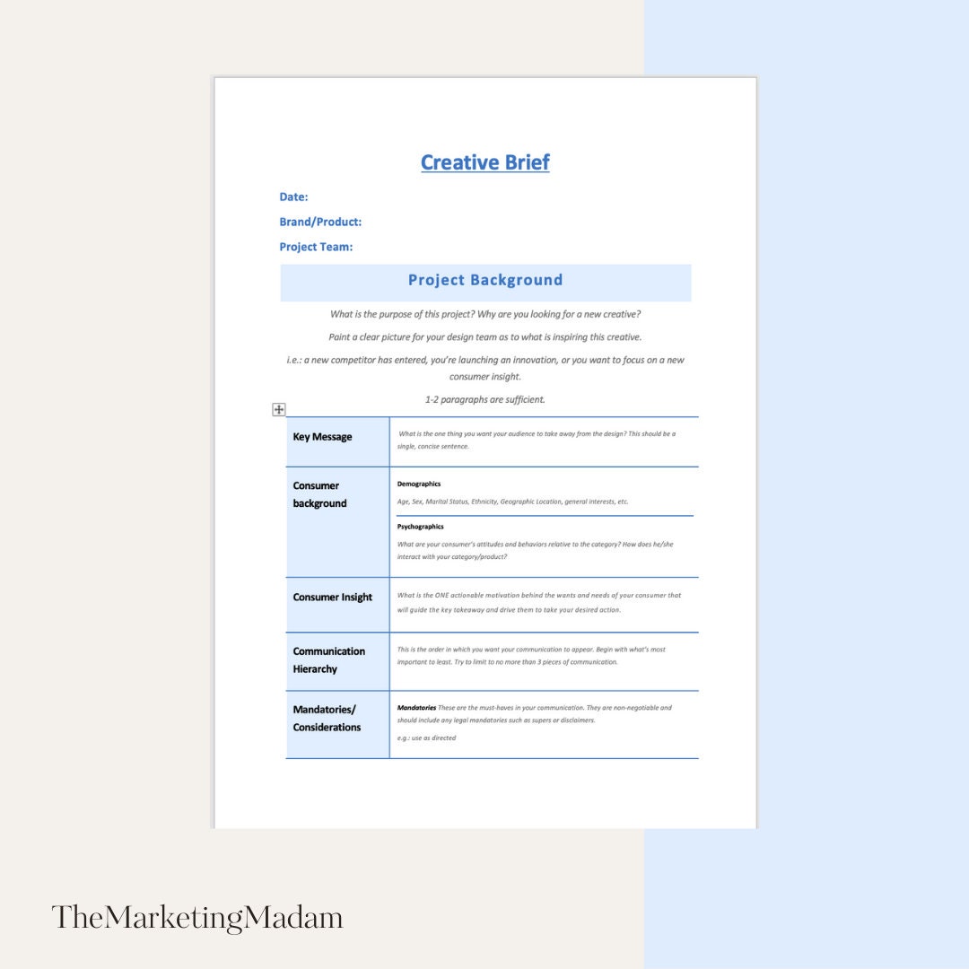 Creative Design Brief Template Microsoft Word - Etsy