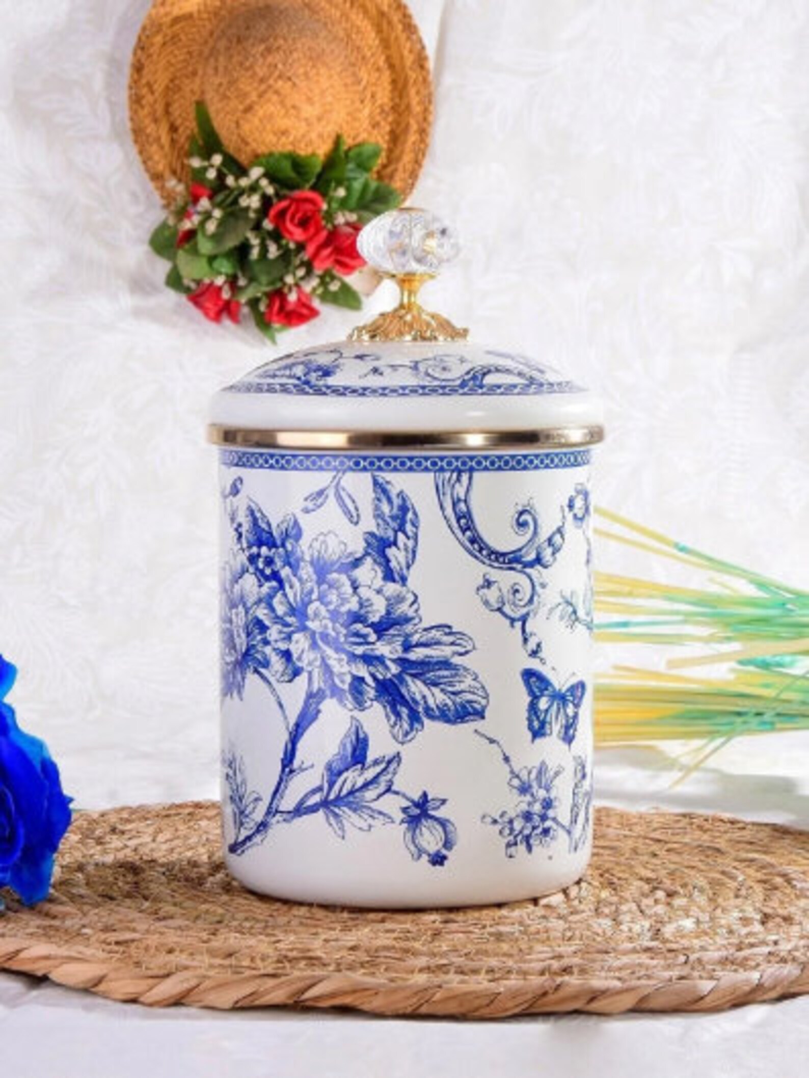 Enamel Vintage Blue Spring Jar 15 Cm, Sugar Cookie Jar, Kitchen Container, Lemon Jar, Tea Coffee ...