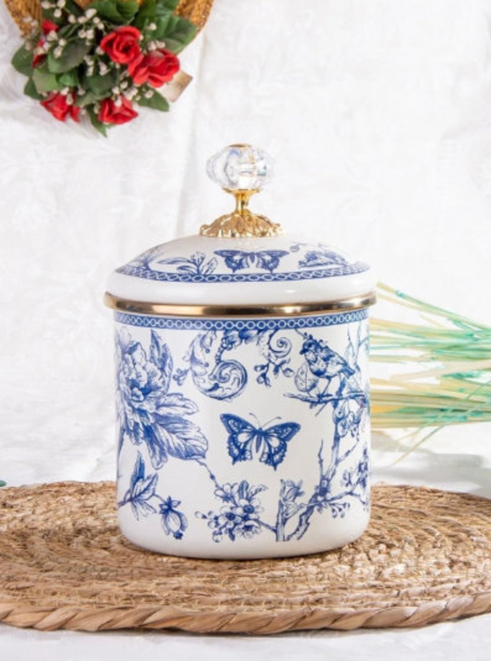 Enamel Vintage Blue Spring Jar 15 Cm, Sugar Cookie Jar, Kitchen Container, Lemon Jar, Tea Coffee ...