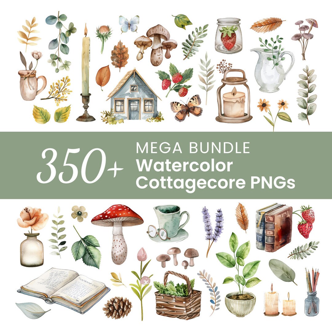 350+ Mega Bundle Watercolor Cottagecore PNG Elements, Cozy Country ...