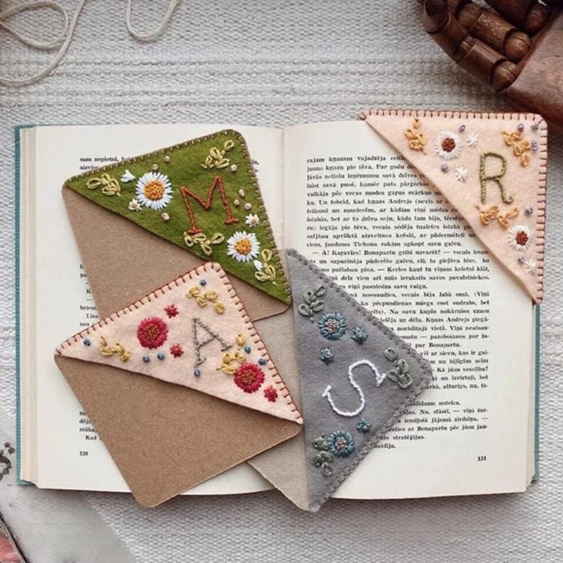 Personalized Hand Embroidered Corner Bookmark Felt Triangle Page ...