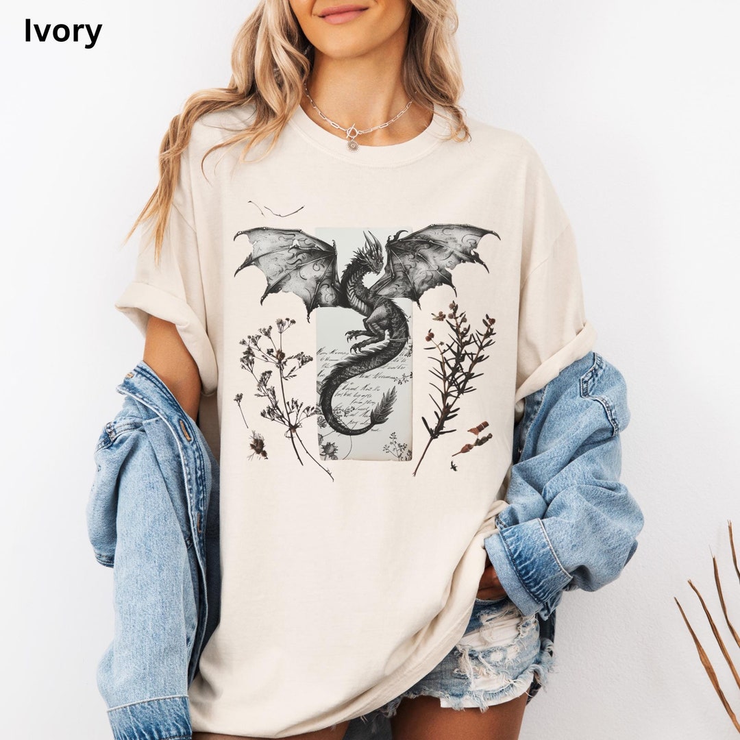 Book Dragon T-shirt Pressed Wildflowers and Dragons Shirt Retro Design ...