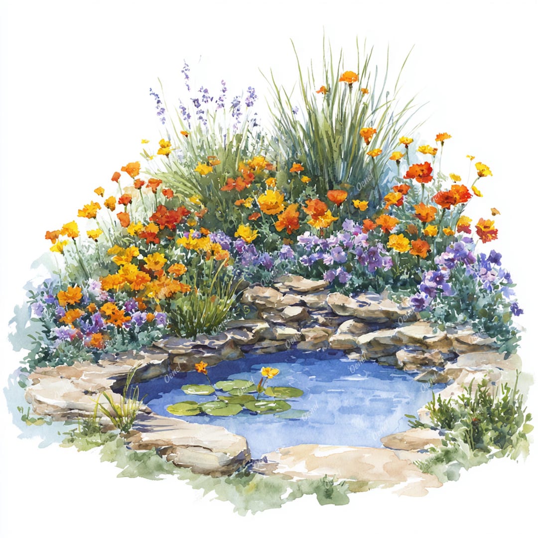Garden Pond Clipart Watercolor JPG Commercial Use - Etsy