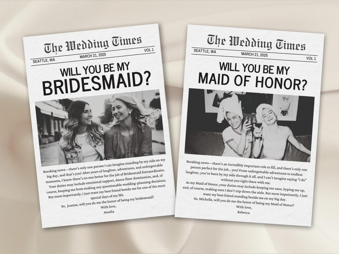 Newspaper Bridesmaid Proposal Canva Template | Bridesmaid Info Card ...