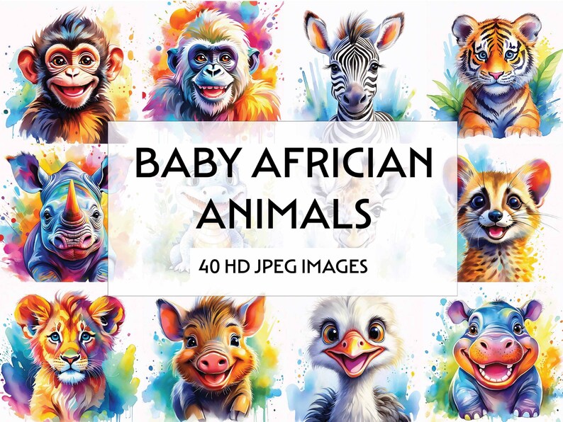 Cute African Safari Animals, Watercolor JPEG, 40 HD Watercolour Prints ...