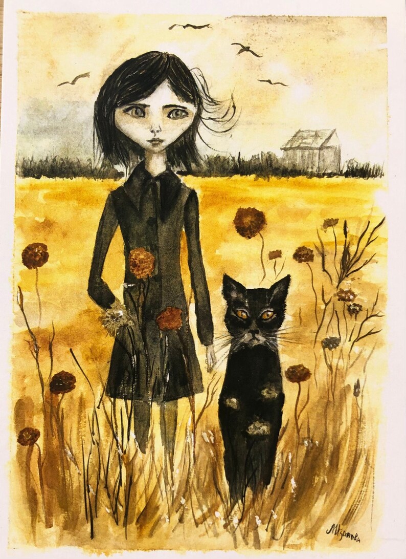 Gothic Girl and Black Cat Watercolor Print - Autumn Field Art - Etsy