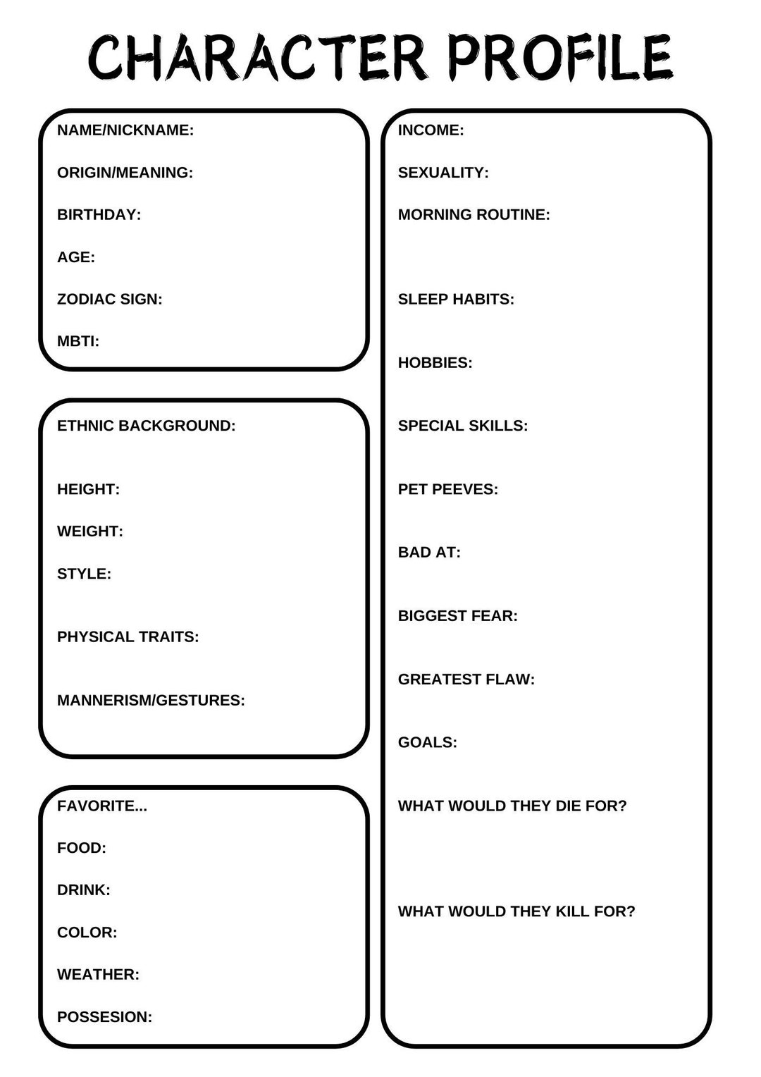 Blank Minimalist Character Profile Template 5 Languages English