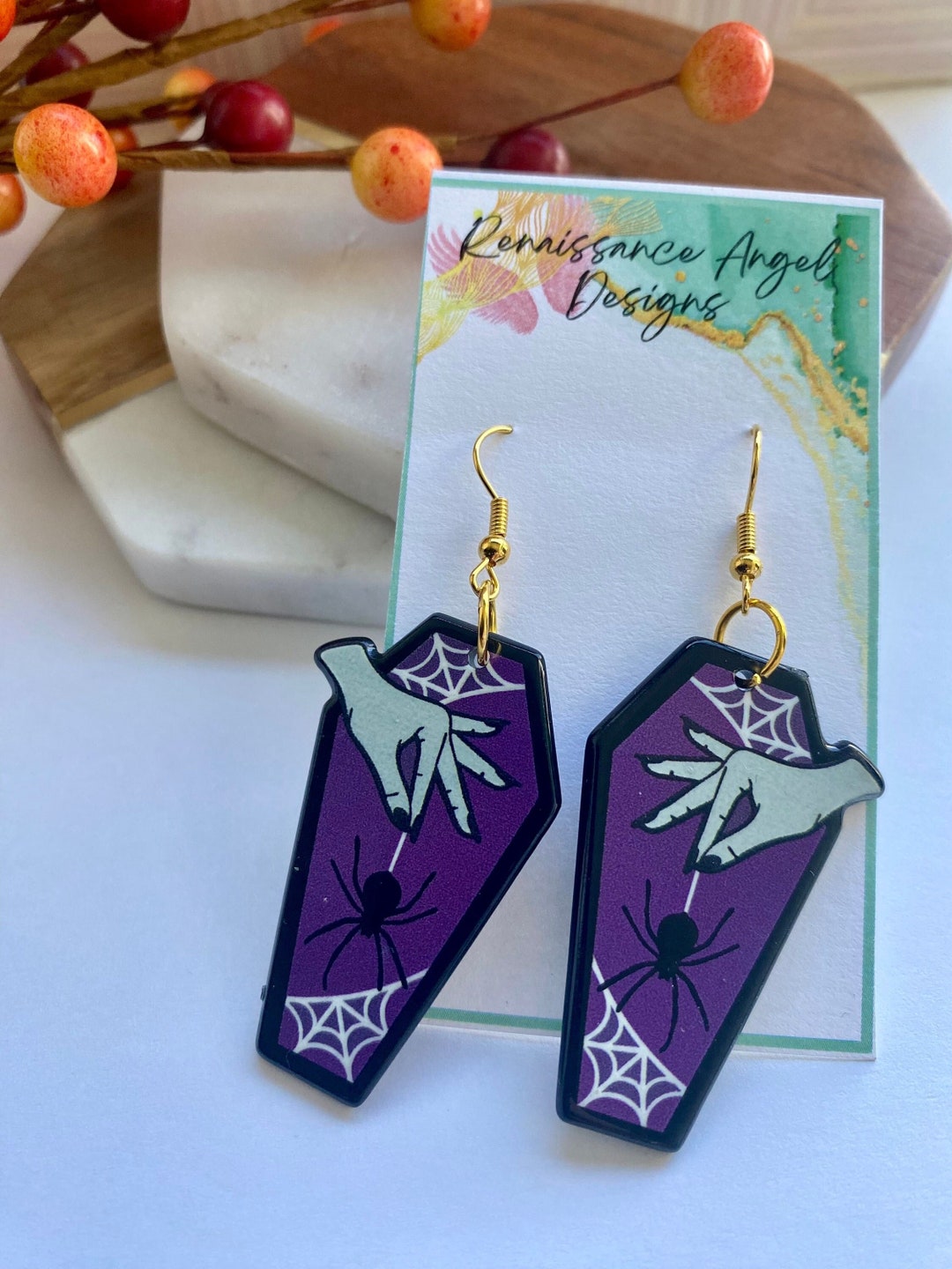 Purple Coffin Spider Witch Hand Dangling Halloween Earrings - Etsy