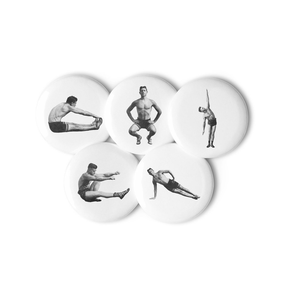 Set of Five Retro Muscle Men Pins, Old Fashioned Workout Buttons ...