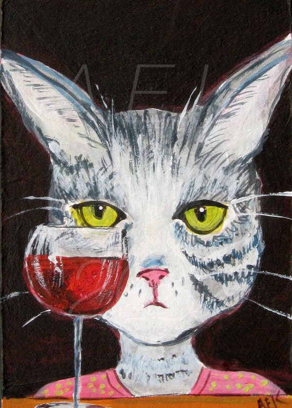 Gray Tabby Cat with Wine Print Cat Wall Art Funny Cat Art | Etsy