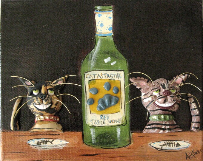 Funny Cat Art - 8x10 Original Painting on Canvas With 3d Polymer Clay ...