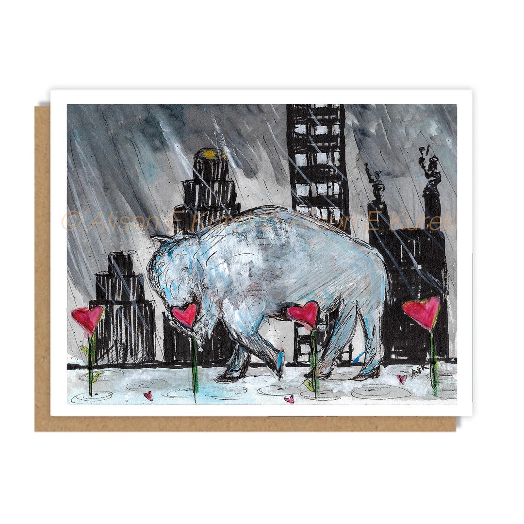 Rainy Day Buffalo Valentine's Day Card Bison Valentine Buffalo Cityscape Greeting Card - Etsy