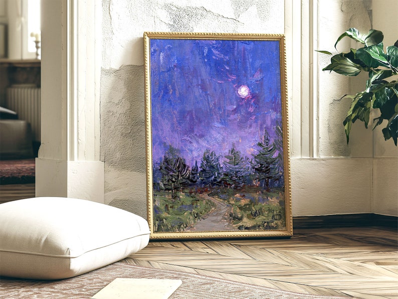 Night Sky Full Moon Art Impressionist Trees Woodland Ethereal Paintings ...