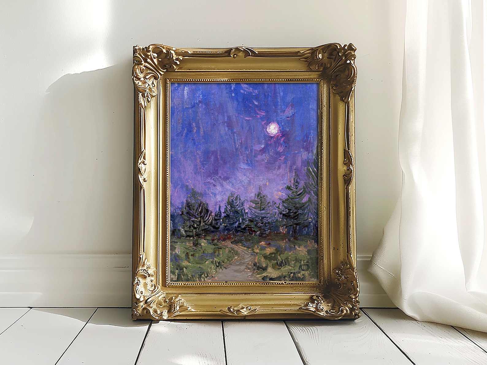 Night Sky Full Moon Art Impressionist Trees Woodland Ethereal Paintings ...