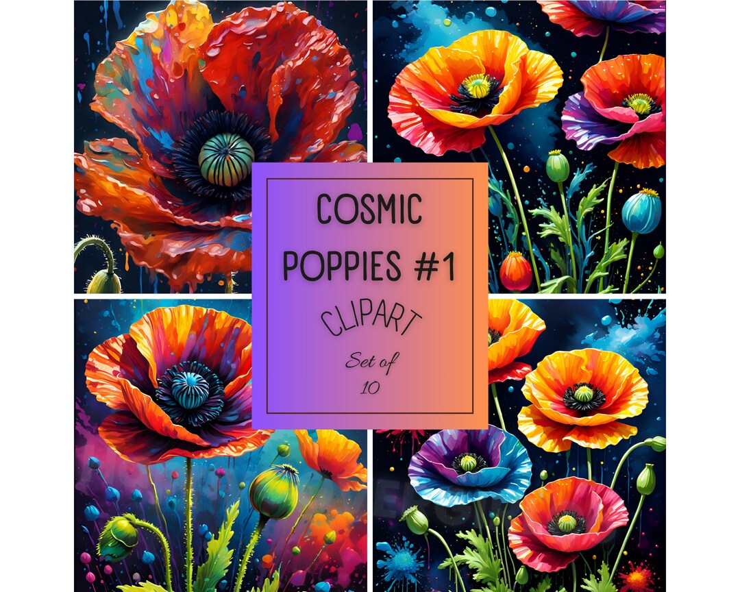 Cosmic Poppies #1, Clipart Set - Digital Floral Art for Journals ...
