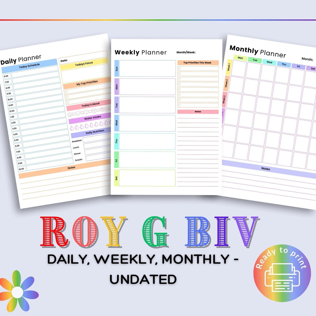 ROY G BIV Daily, Weekly, Monthly - Undated - Letter & Happy Planner ...