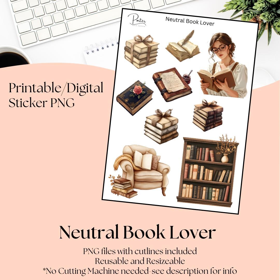 Printable Stickers- Neutral Book Lover | Digital Download Stickers ...