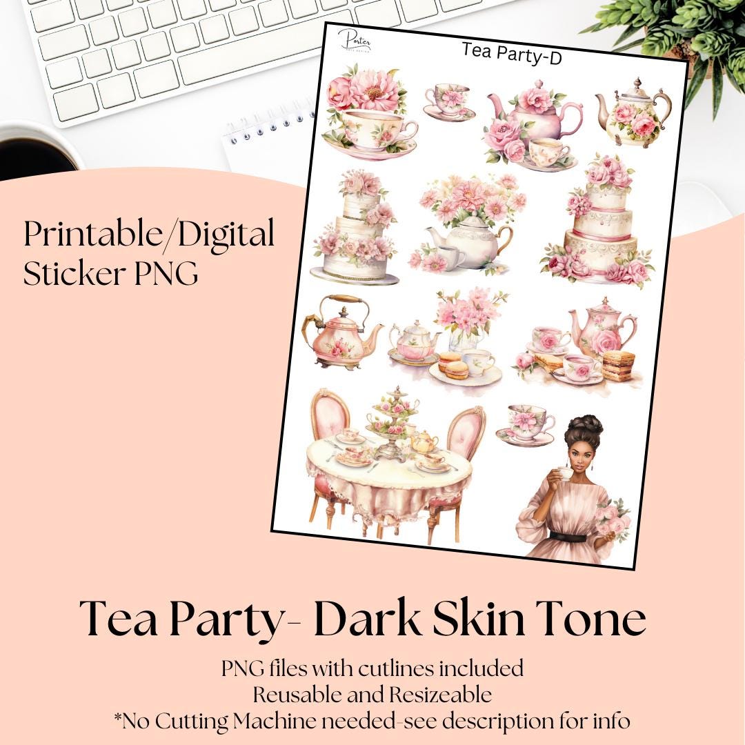 Printable Stickers- Tea Party- Dark Skin Tone | Digital Download ...