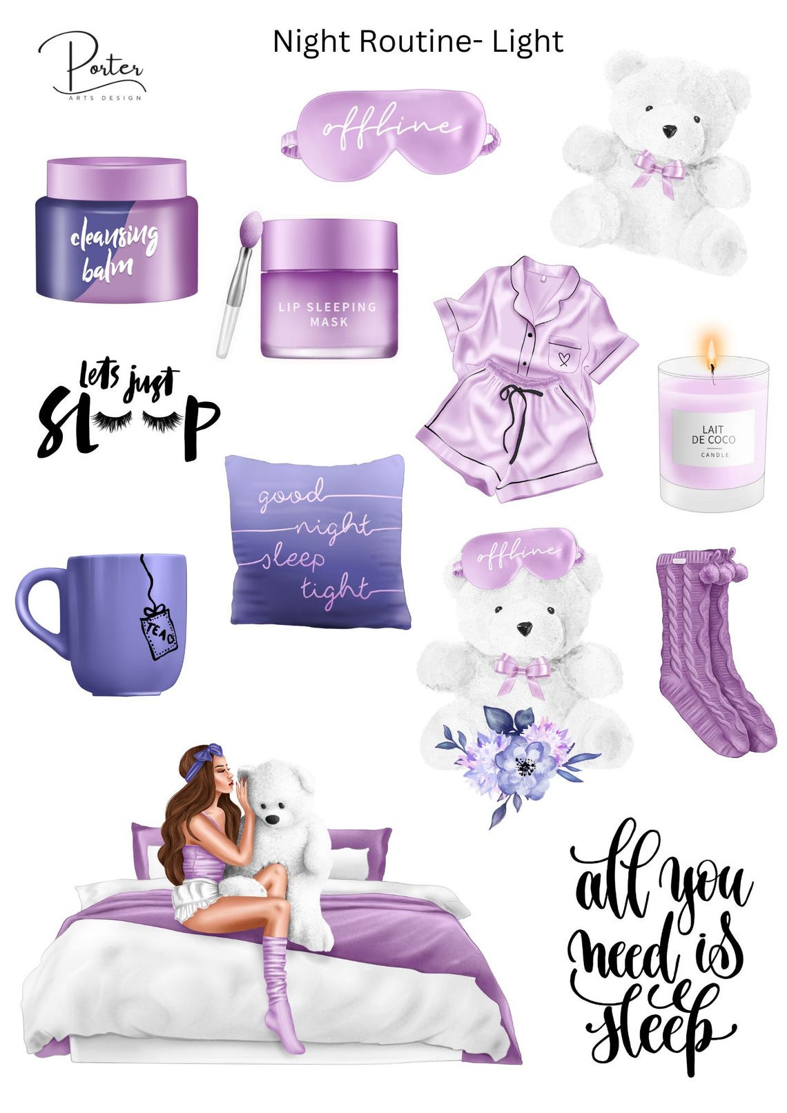Printable Stickers- Night Routine- Light Skin Tone | Digital Download ...