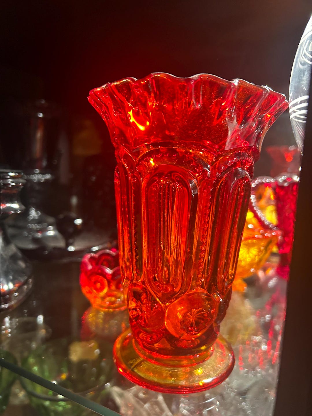 LE SMITH Moon and STARS Celery Vase Amberina Yellow and Red Pedestal ...