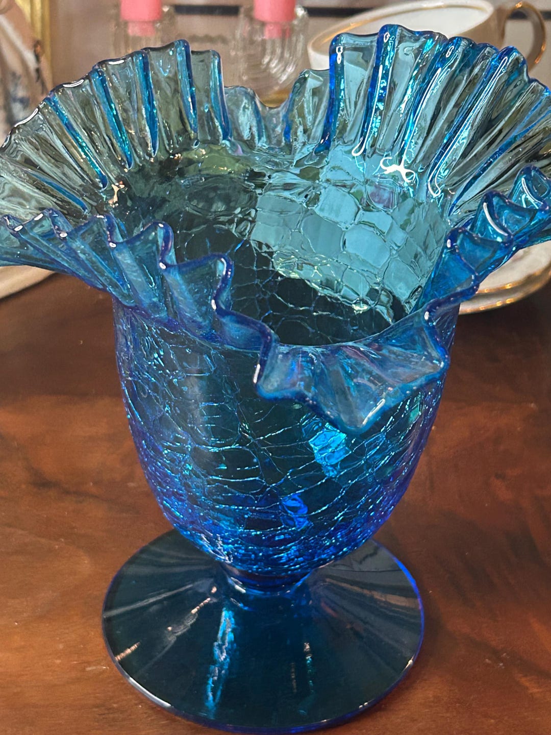 Blue Midcentury Blenko Ruffled Pedestal Bowl Vase Large Art Glass #388 ...