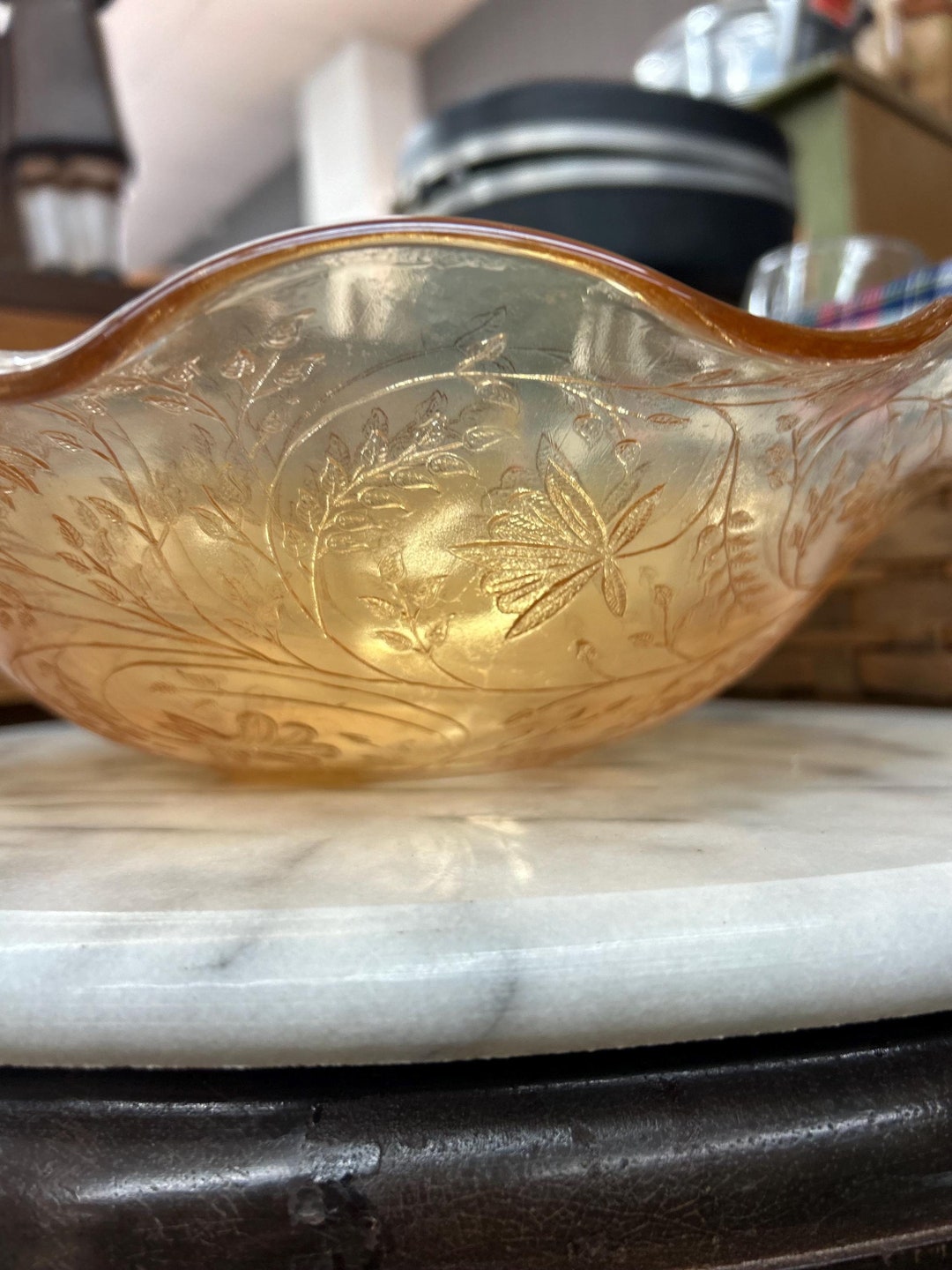 40's 50’s Carnival Glass Jeanette Floragold 11 3/4" Etched Floral Iris ...