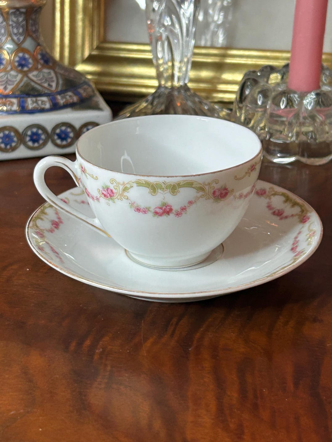 Antique Schwarzburg Teacup and Saucer: Pink Rose Swag Bone China - Etsy