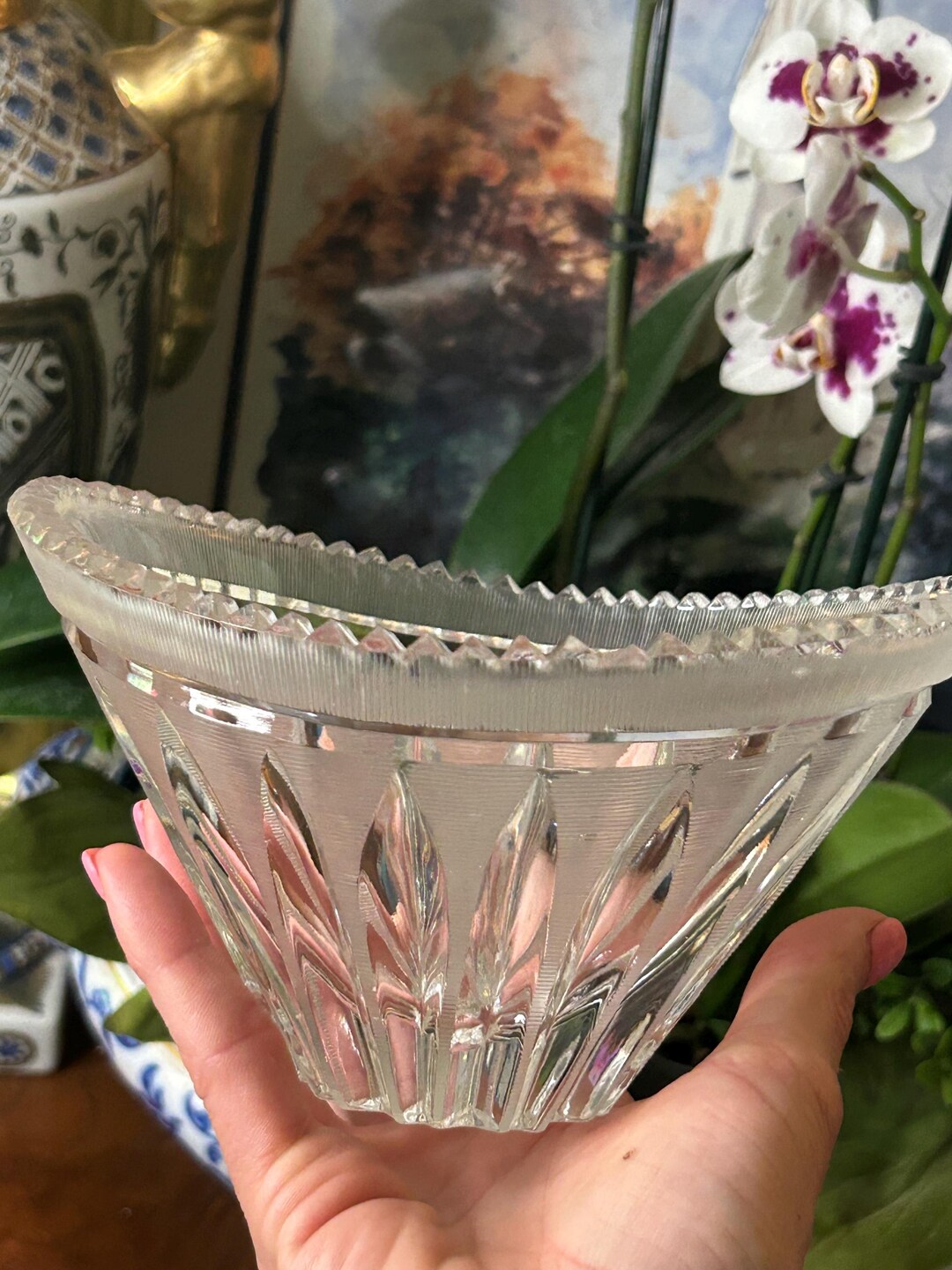 Vintage Hand Cut Lead Crystal Boat Bowl, Sawtooth Edge Candy Dish ...