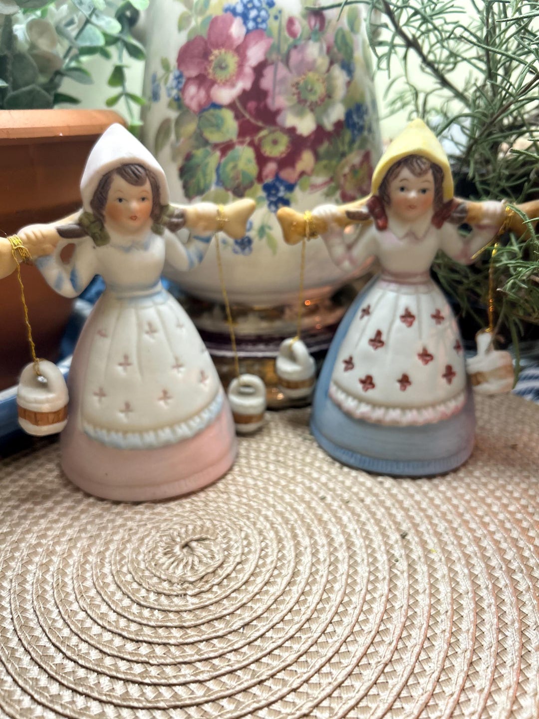 Set of 2 BELLS Porcelain Dutch Bell Water Carrying Girls With Clacker ...