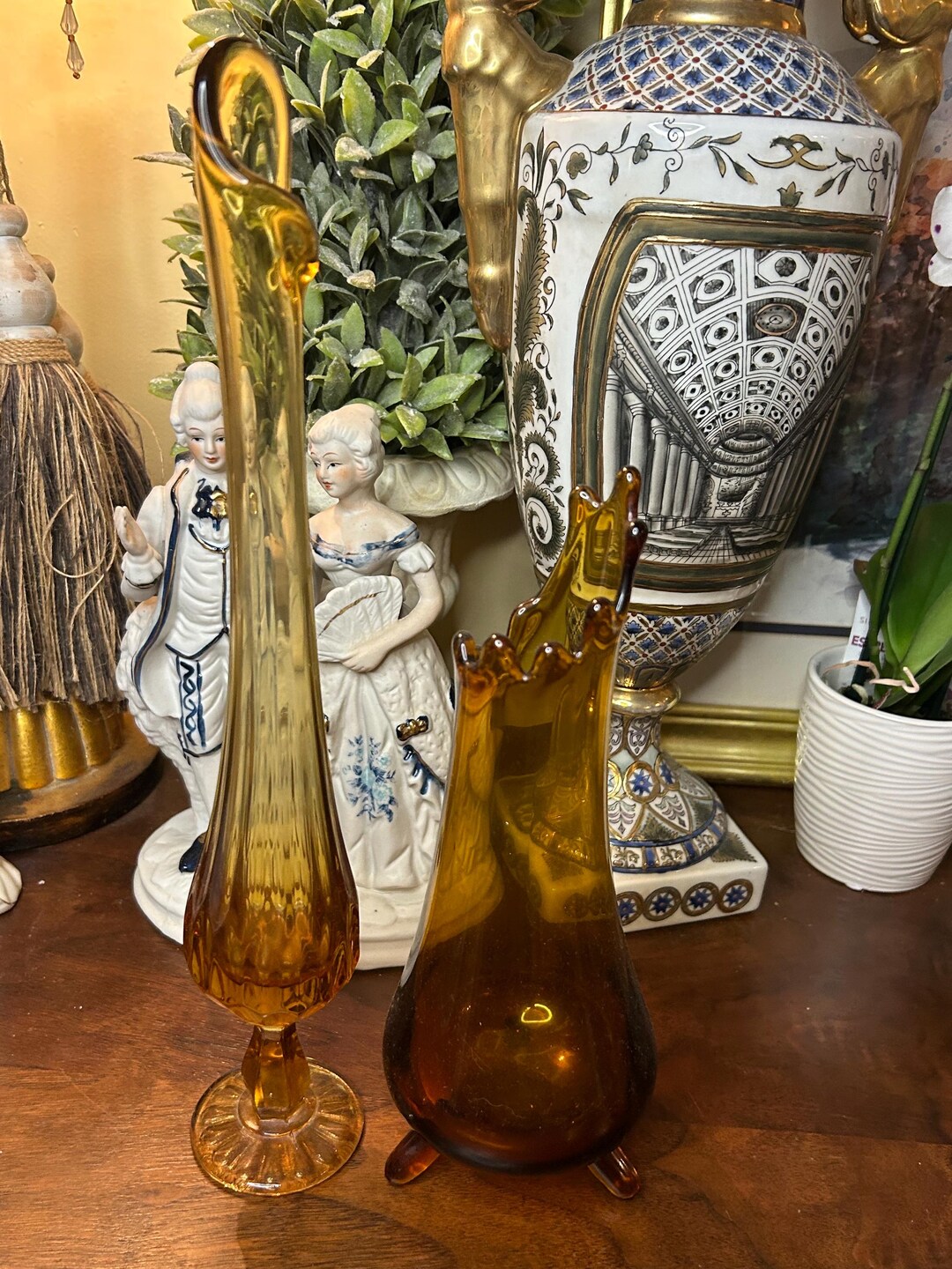 Set-2-vintage LE Smith Amber 3 Toe Toed Swung Glass Vase MCM Fenton ...