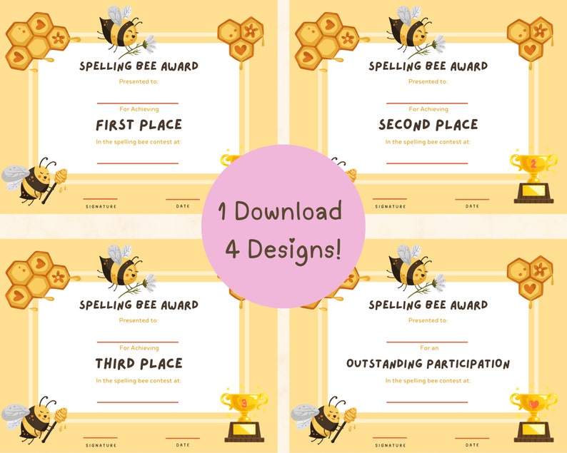 Spelling Bee Certificates: First, Second, Third Place & Outstanding ...